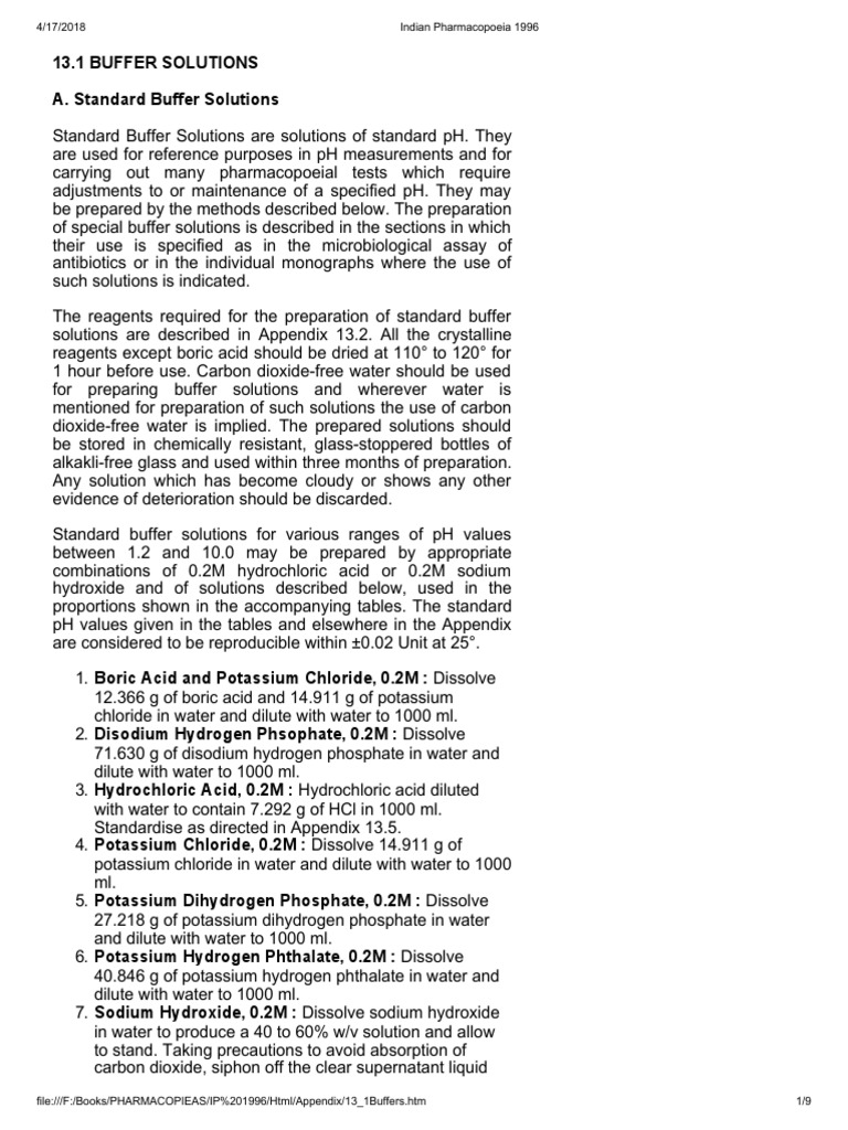 Prep. of Buffers Solutions Indian Pharmacopoeia 1996 | PDF | Buffer ...