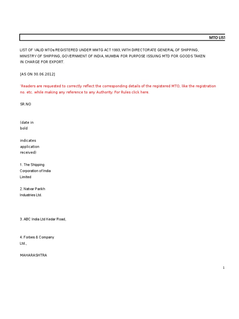 Mto List - 2012 | PDF | Cargo | Transport