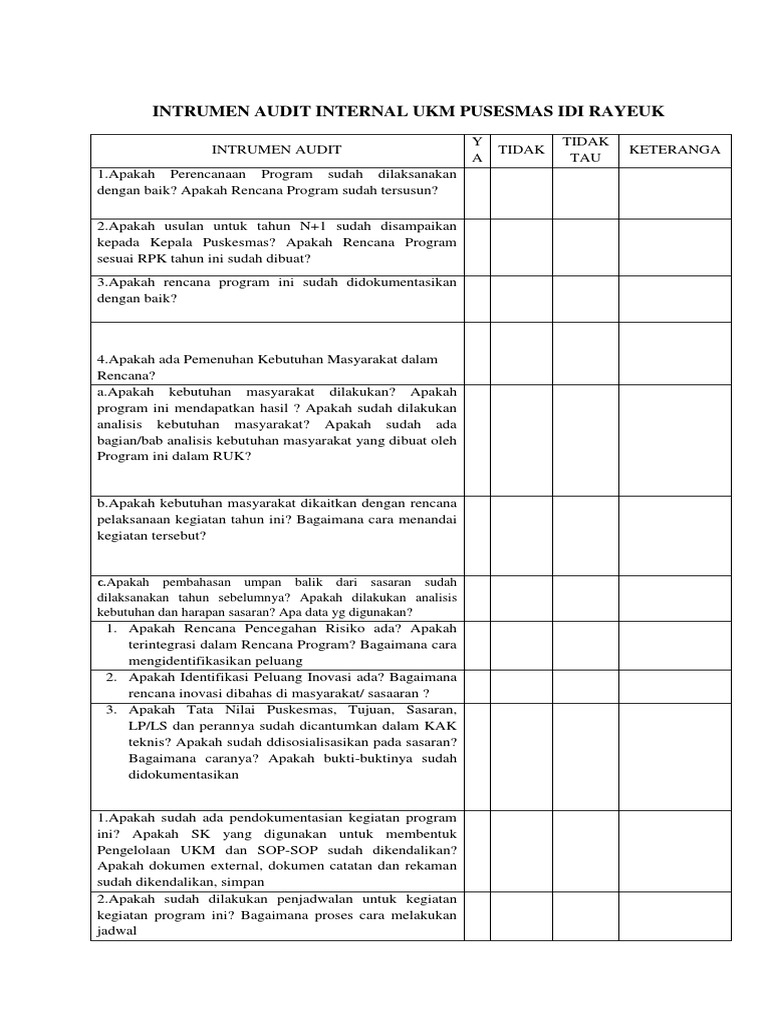 Contoh Dokumen Instrumen Audit Internal UKM | PDF