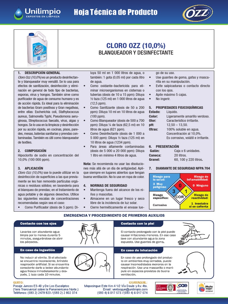 0153 - F0 - PR - Hoja Tecnica Cloro Ozz 10p MSDS | PDF | Agua | Química