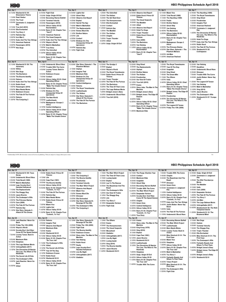 HBO Philippines Schedule April 2018 | PDF | Leisure