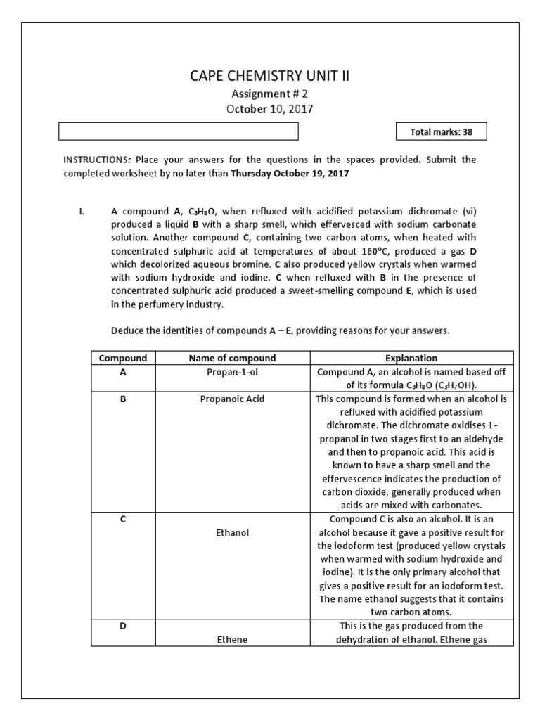 Cape Chemistry Unit II Worksheet 2 | PDF | Alcohol | Ester