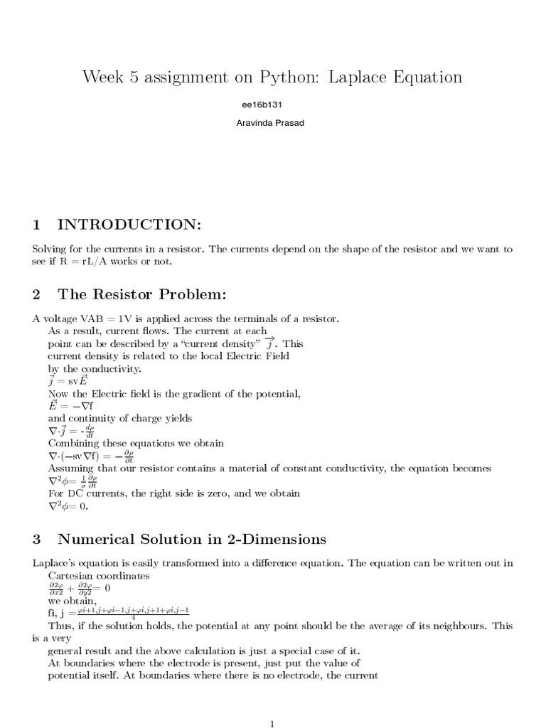 Week 5 Assignment On Python: Laplace Equation: Ee16b131 Aravinda Prasad ...