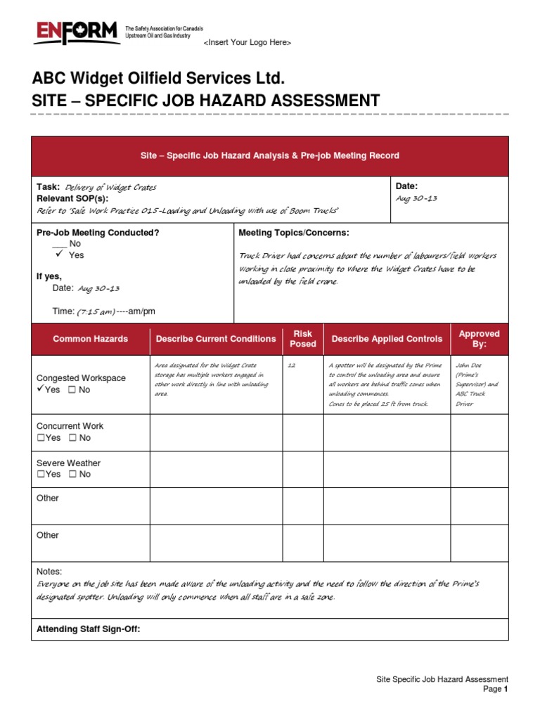 4 5.site Specific Assessment Example | PDF | Hazards | Risk