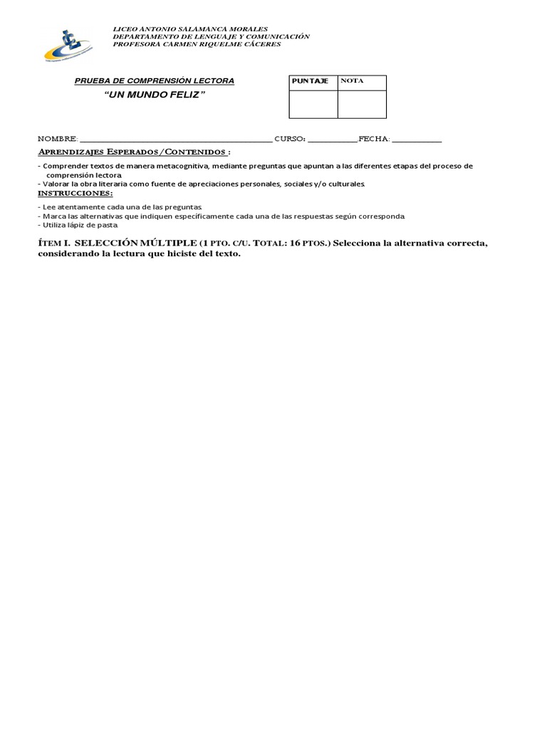 Prueba de Comprensión Lectora | PDF | Comprensión lectora | Lectura ...