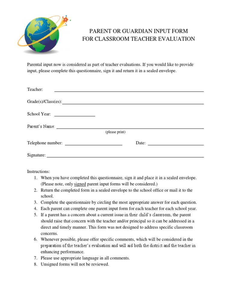 Parent Input Form for Teacher Evaluation | PDF | Classroom | Teachers