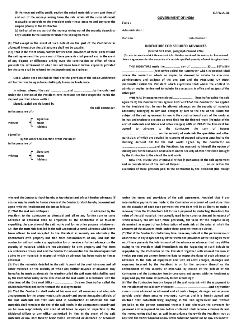 Indenture for Secured Advances CPWD | PDF | Payments | Common Law