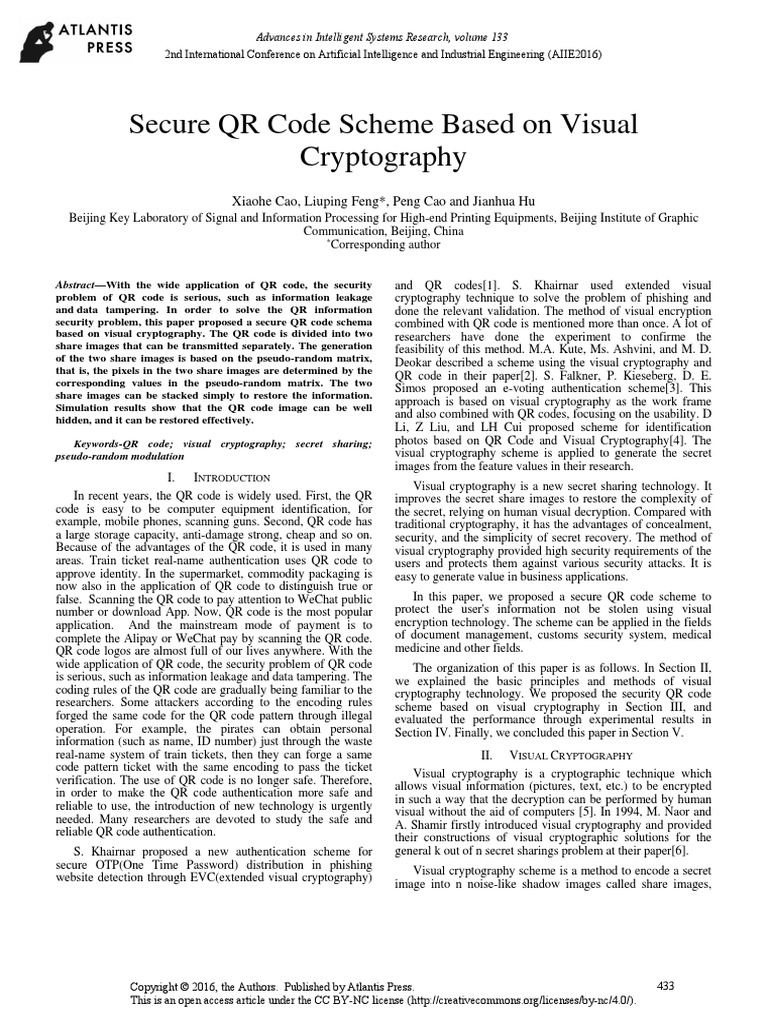 Secure QR Code Scheme Based On Visual Cryptography: Xiaohe Cao, Liuping Feng, Peng Cao and ...