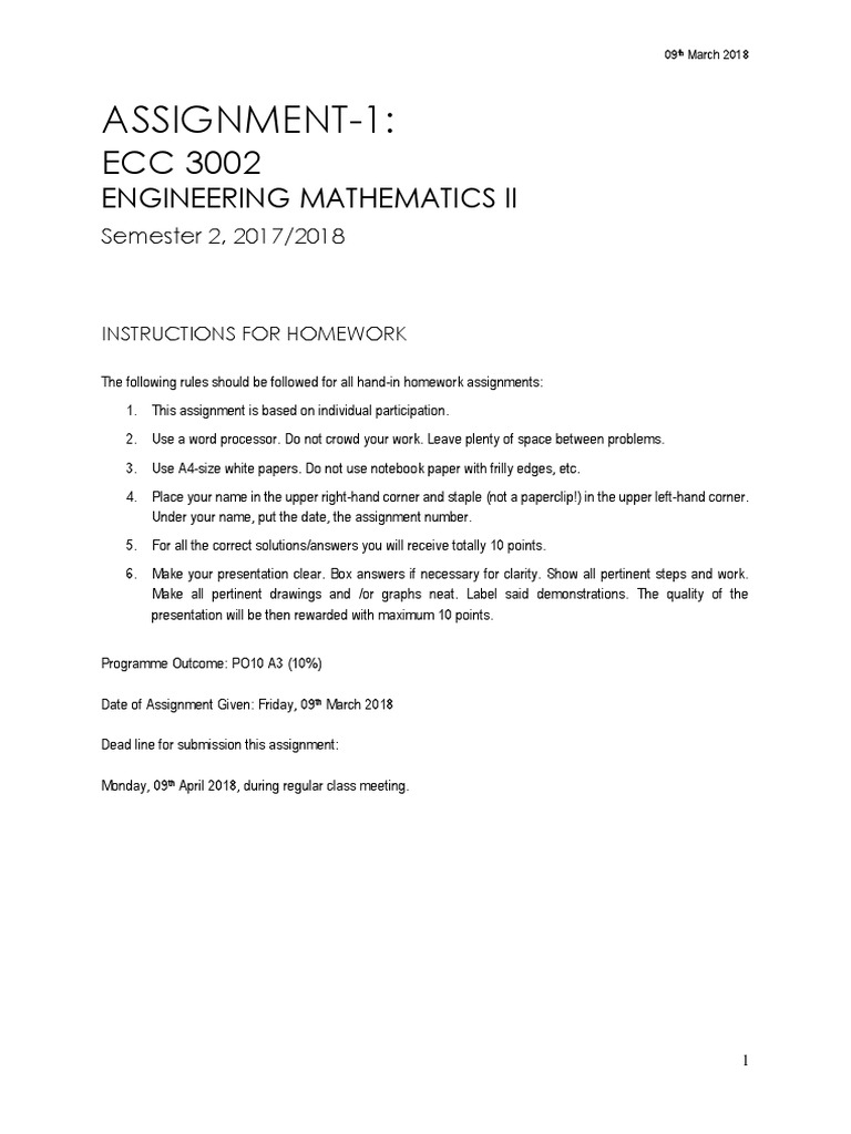 Engineering Mathematics II Assignment 1 SEM 2 20172018 | PDF | Homework ...