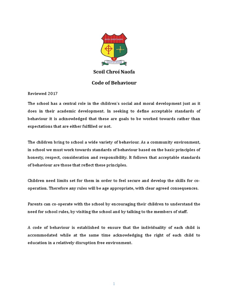 Code of Behaviour - Updated September 2017 | PDF | Teachers | Behavior