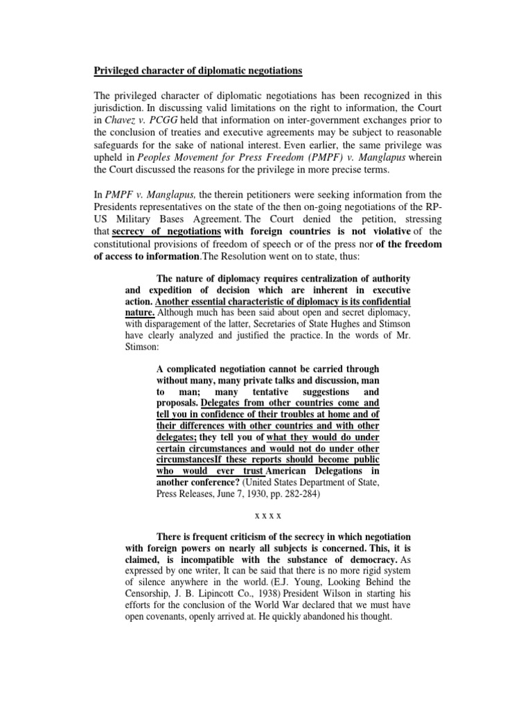 Privileged Character of Diplomatic Negotiations | PDF | Executive ...