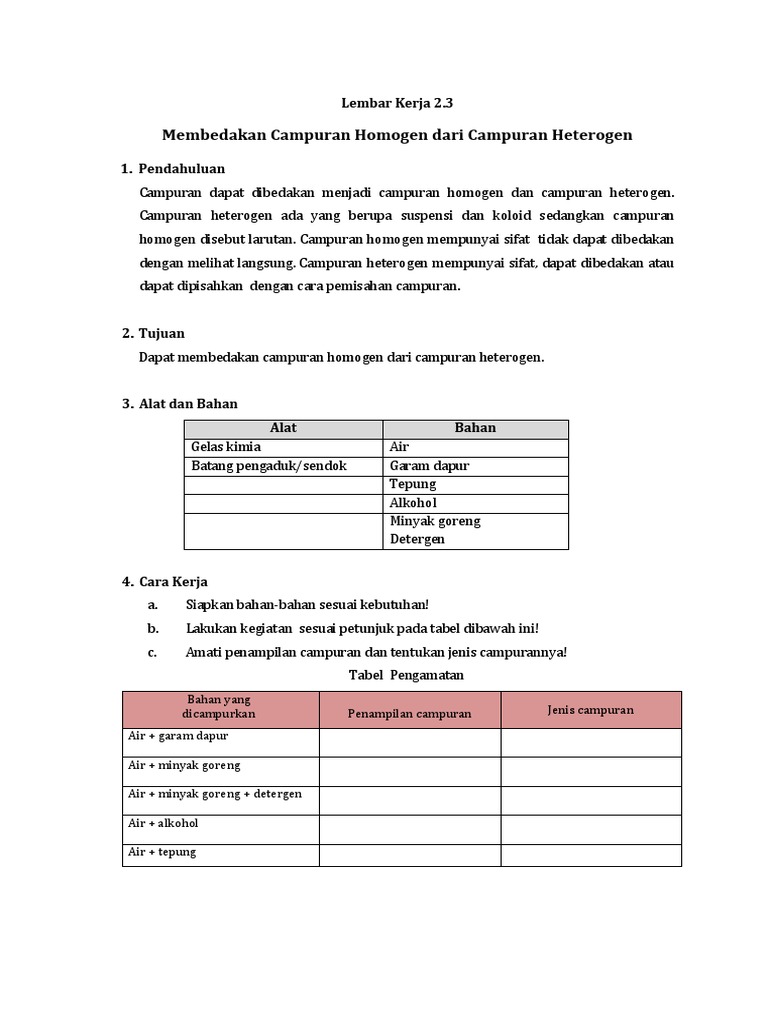 LK 2.3 Campuran Homogen Dan Heterogen | PDF | Memasak, Makanan, & Anggur