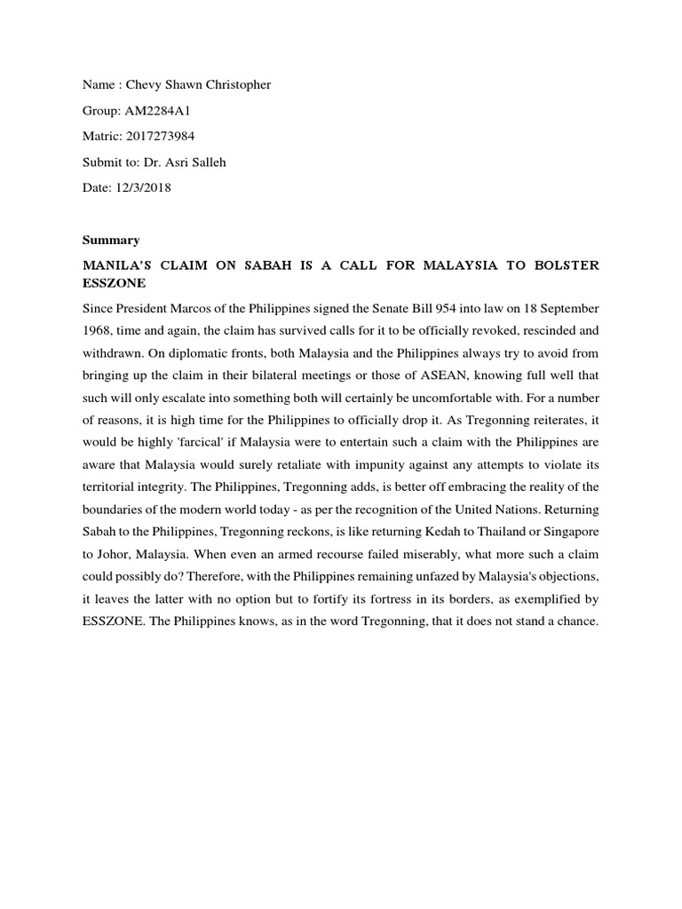 Manila'S Claim On Sabah Is A Call For Malaysia To Bolster Esszone | PDF ...