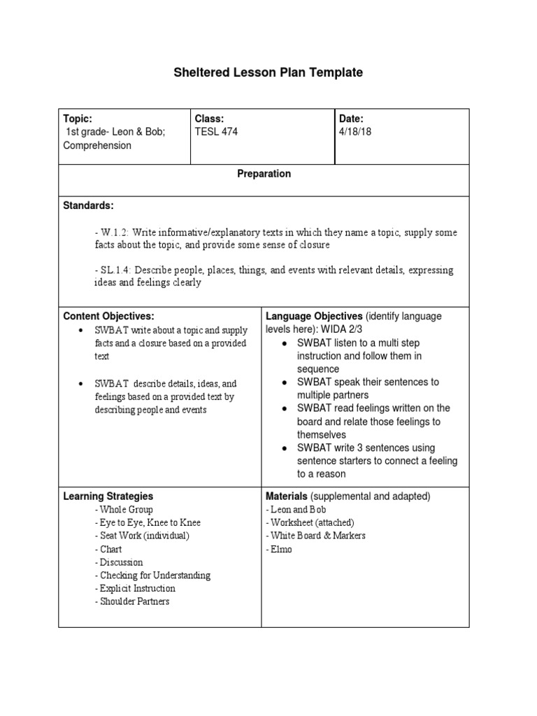Sheltered Lesson Plan Template: Topic: Class: Date | Download Free PDF ...