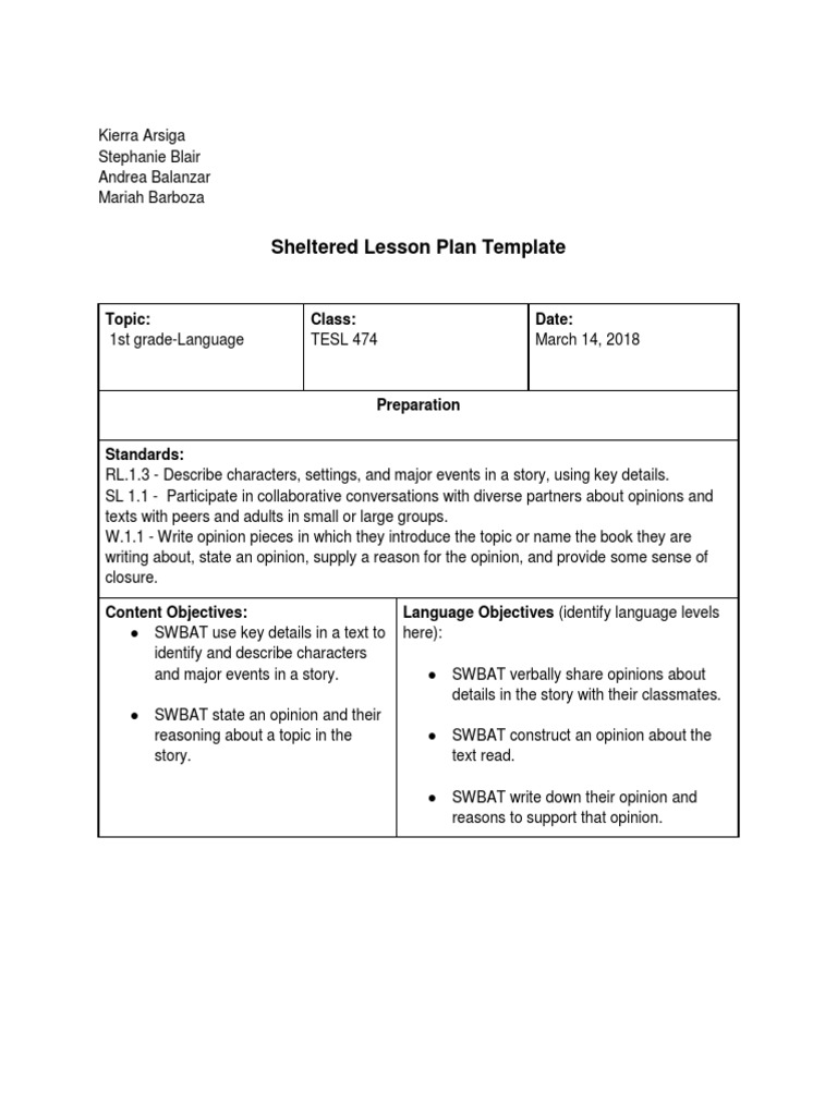 Sheltered Lesson Plan Template: Topic: Class: Date | PDF | Lesson Plan ...