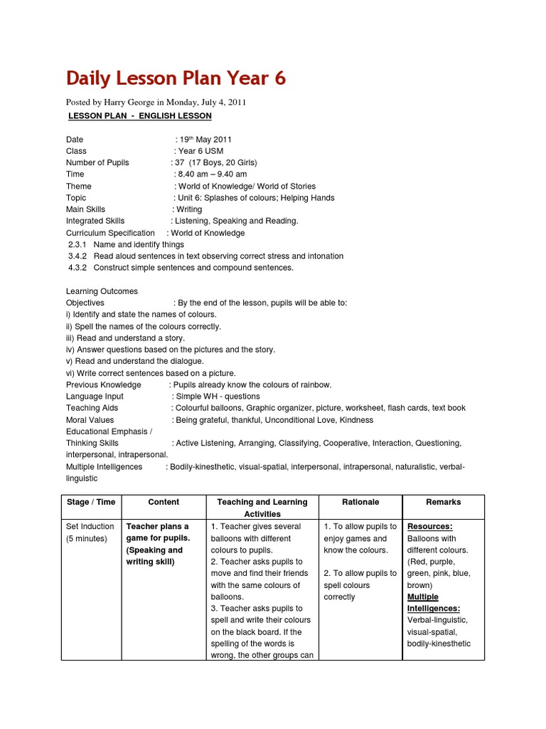 Daily Lesson Plan Year 6: Posted by Harry George in Monday, July 4 ...