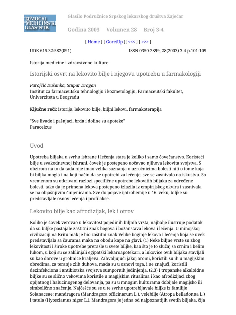 Istorijski Osvrt Na Lekovito Bilje I Njegovu Upotrebu U Farmakologiji | PDF