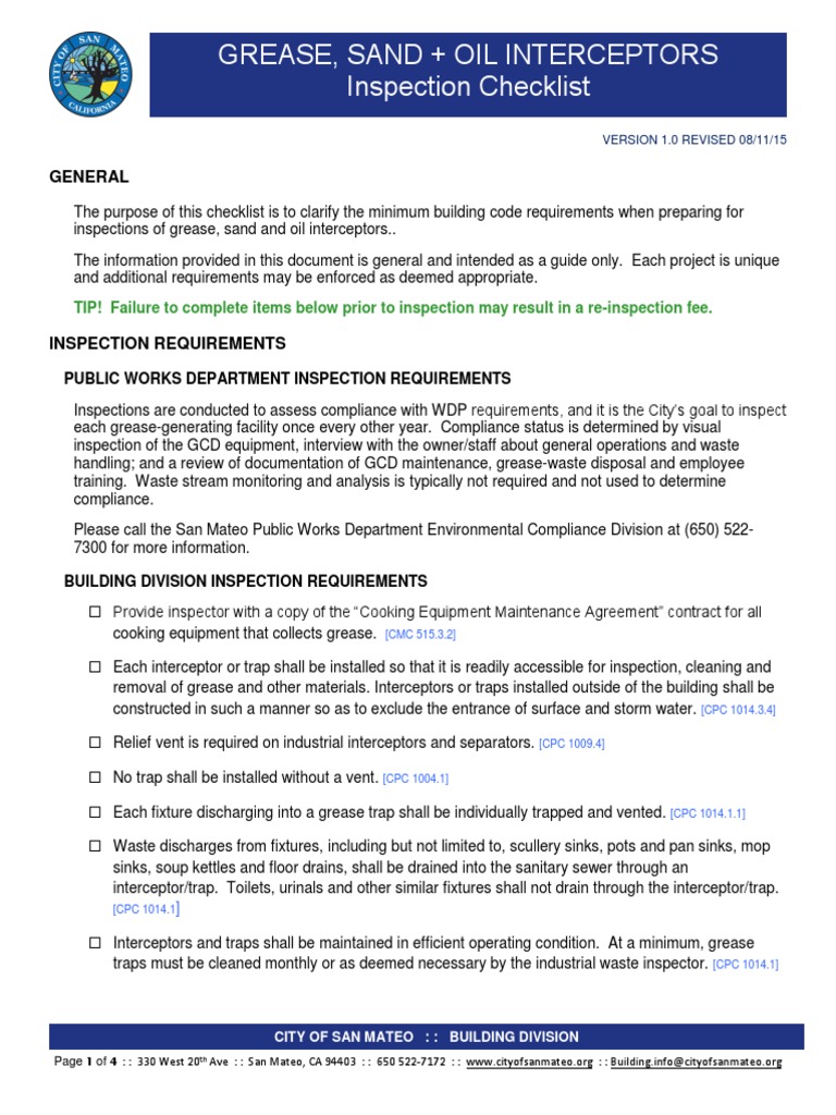GREASE, SAND + OIL INTERCEPTORS Inspection Checklist V 1.0 ...