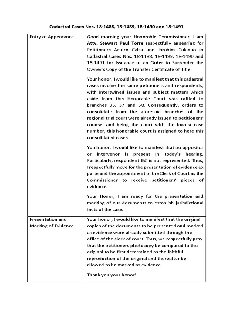 Cadastral Hearing Script and Evidence Offer | PDF | Deed | Civil Law ...