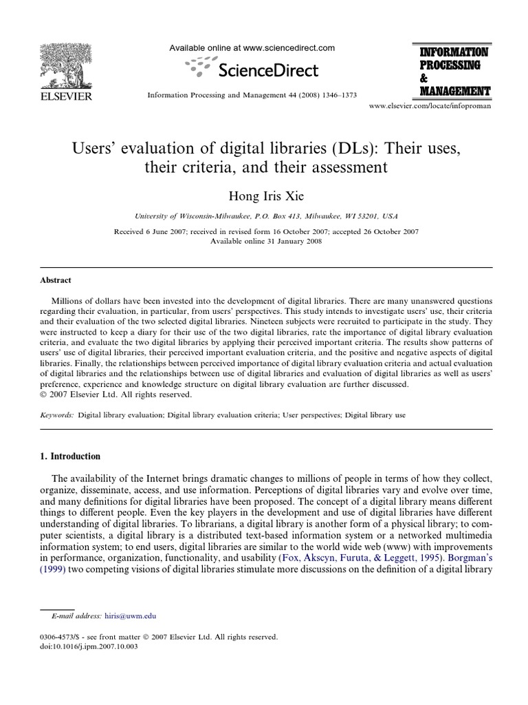 Users Evaluation of Digital Libraries DLs Their Uses Their Criteria and Their Assessment 2008 ...