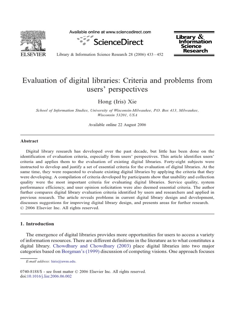Evaluation of Digital Libraries Criteria and Problems From Users ...