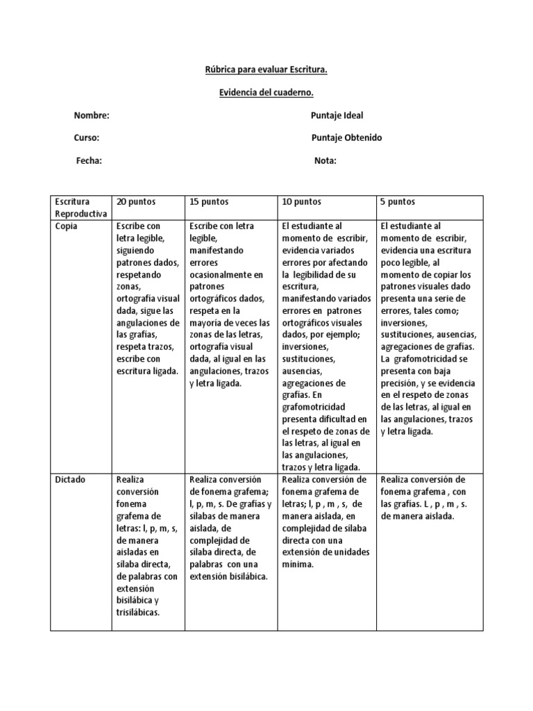 Rubrica Escritura 1 Basico | PDF | Ortografía | Escritura