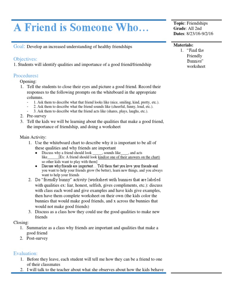 Qualities of a Good Friend Lesson Plan | PDF | Friendship | Pedagogy