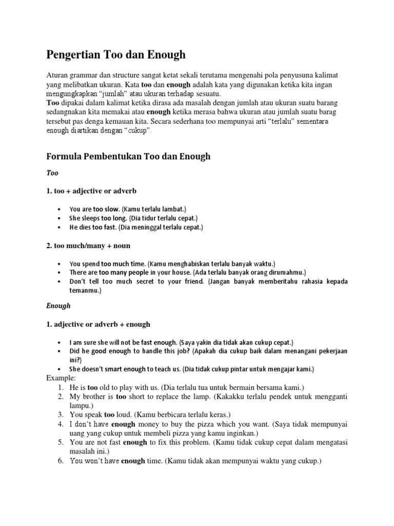 Penggunaan Too dan Enough dalam Bahasa Inggris | PDF | Seni & Disiplin ...