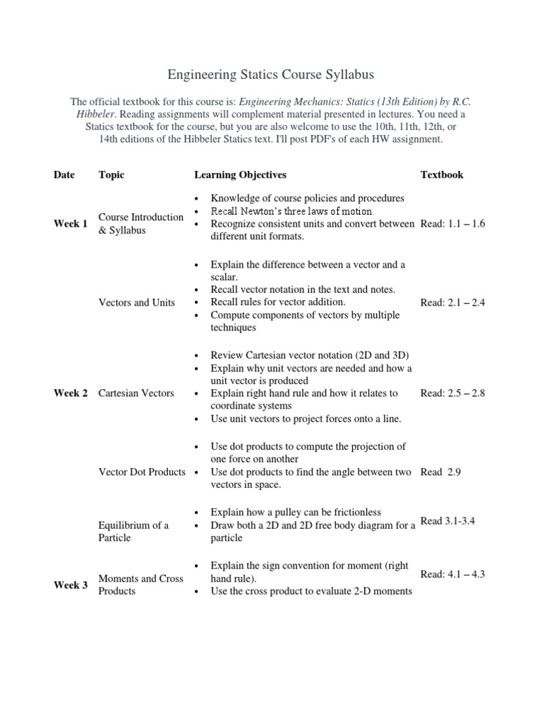 Engineering Statics Course Outline | PDF | Force | Euclidean Vector
