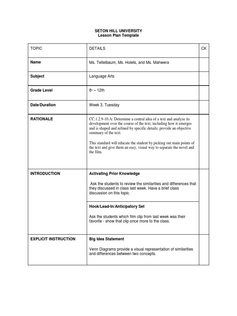 Seton Hill University Lesson Plan Template | PDF | Lesson Plan | Change