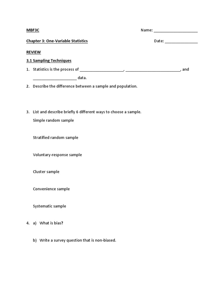 MBF3C CH 3 REVIEW Lesson | PDF | Mean | Histogram