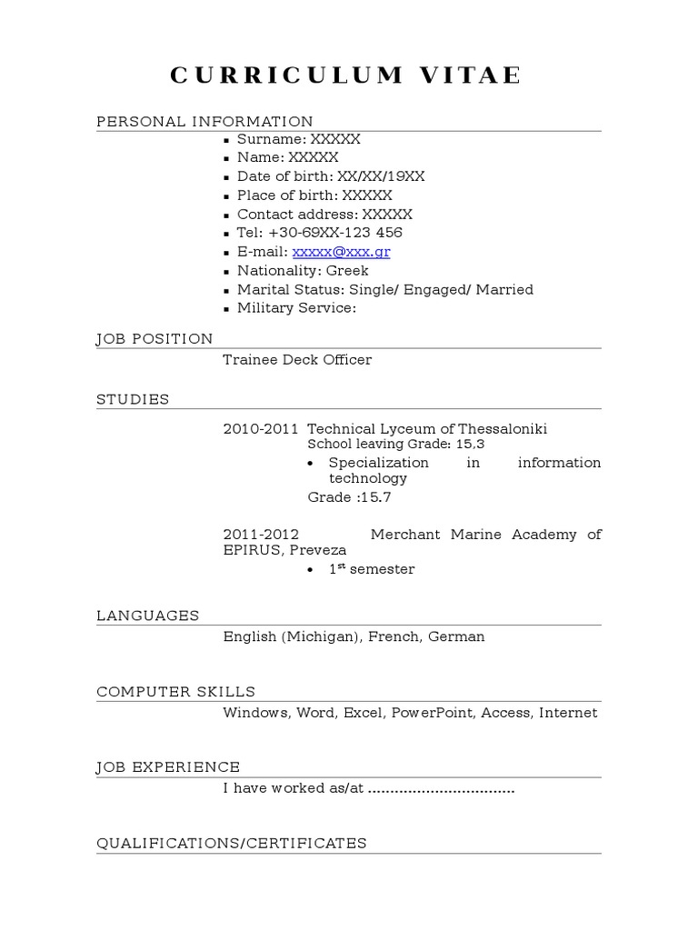 CV Trainee Deck Officer Curriculum Vitae | PDF