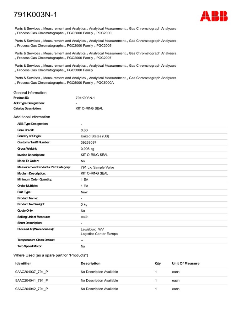 ABB O-Ring Seal Kit 791K003N-1 | PDF | Gas Chromatography | Chromatography