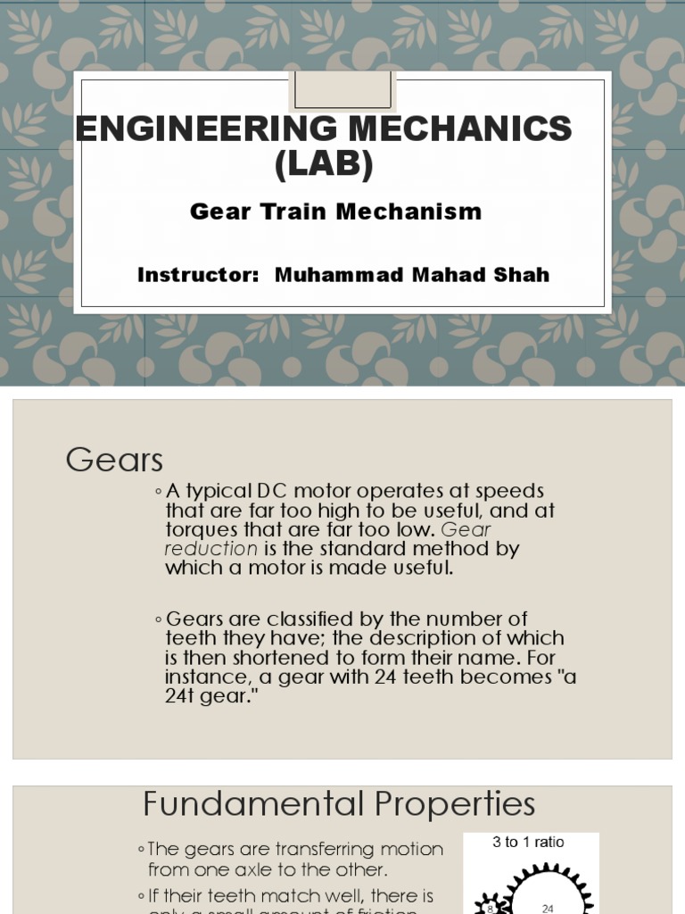 Engineering Mechanics (LAB) : Gear Train Mechanism | PDF | Gear | Machines