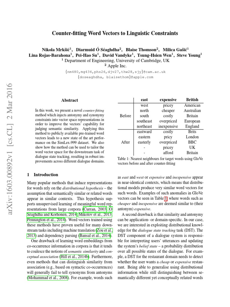 Counter-Fitting Word Vectors To Linguistic Constraints | PDF | Semantics | Ontology (Information ...