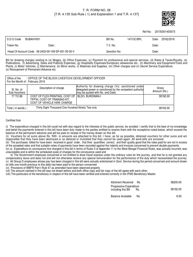 T. R. Form No. 26 (T.R. 4.135 Sub-Rule (1) and Explanation 1 and T.R. 4 ...