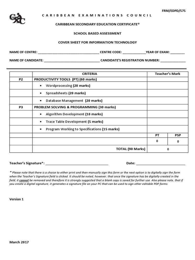 CSEC InfoTech CoverSheetForESBA V01 Fillable PDF | PDF