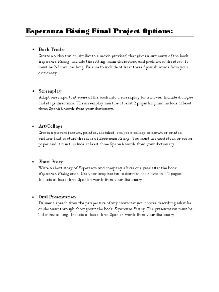 Esperanza Rising Final Project Options | PDF