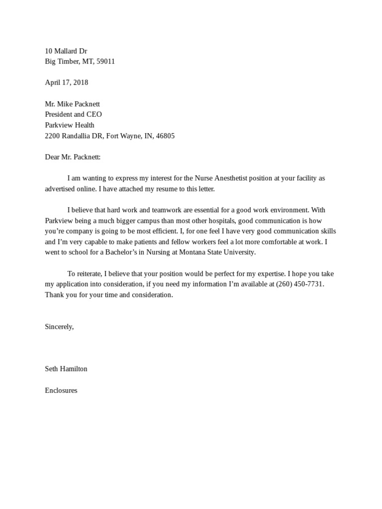 Cover Letter - Seth Hamilton | PDF