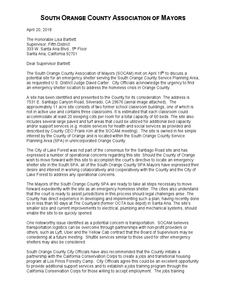 South OC Mayors Letter Proposing Silverado Shelter | PDF | Orange ...