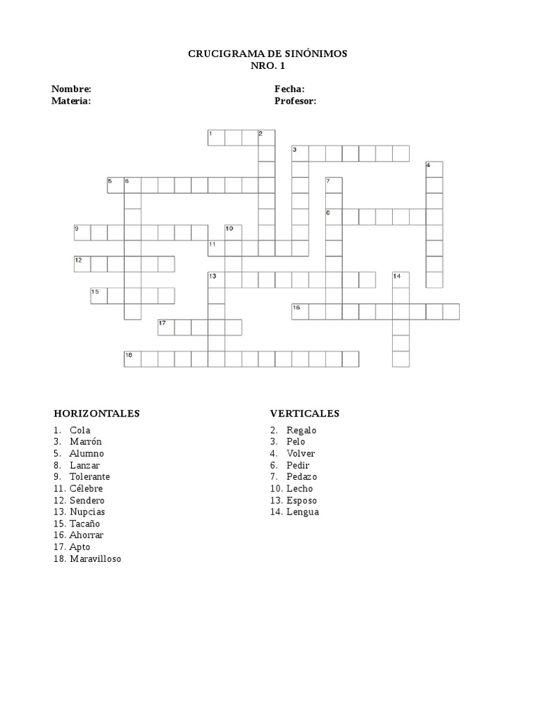 Crucigrama Sinónimos | Ocio