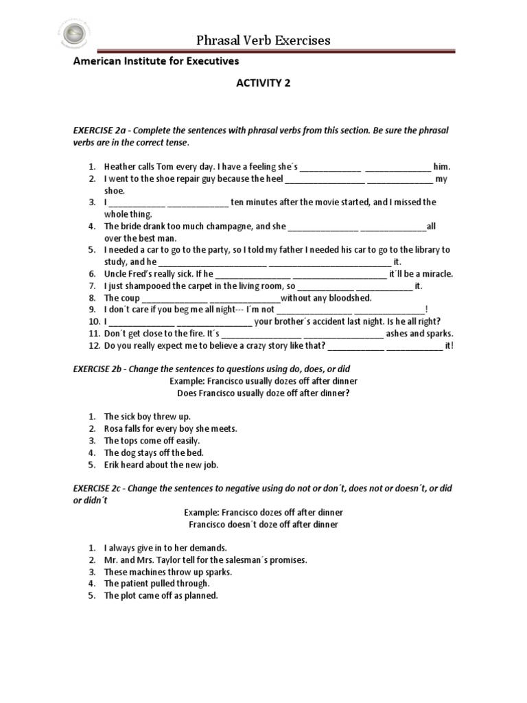 Phrasal Verb Exercises: American Institute For Executives Activity 2 ...