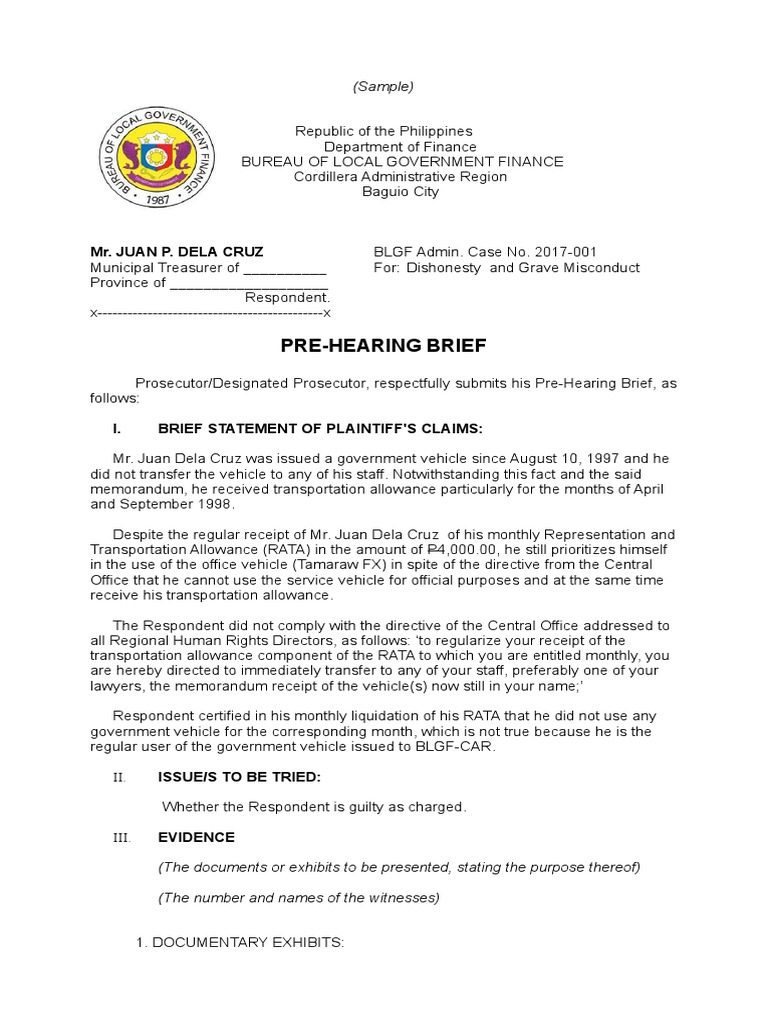 Pre-Hearing Brief: (Sample) | PDF | Judiciaries | Criminal Law