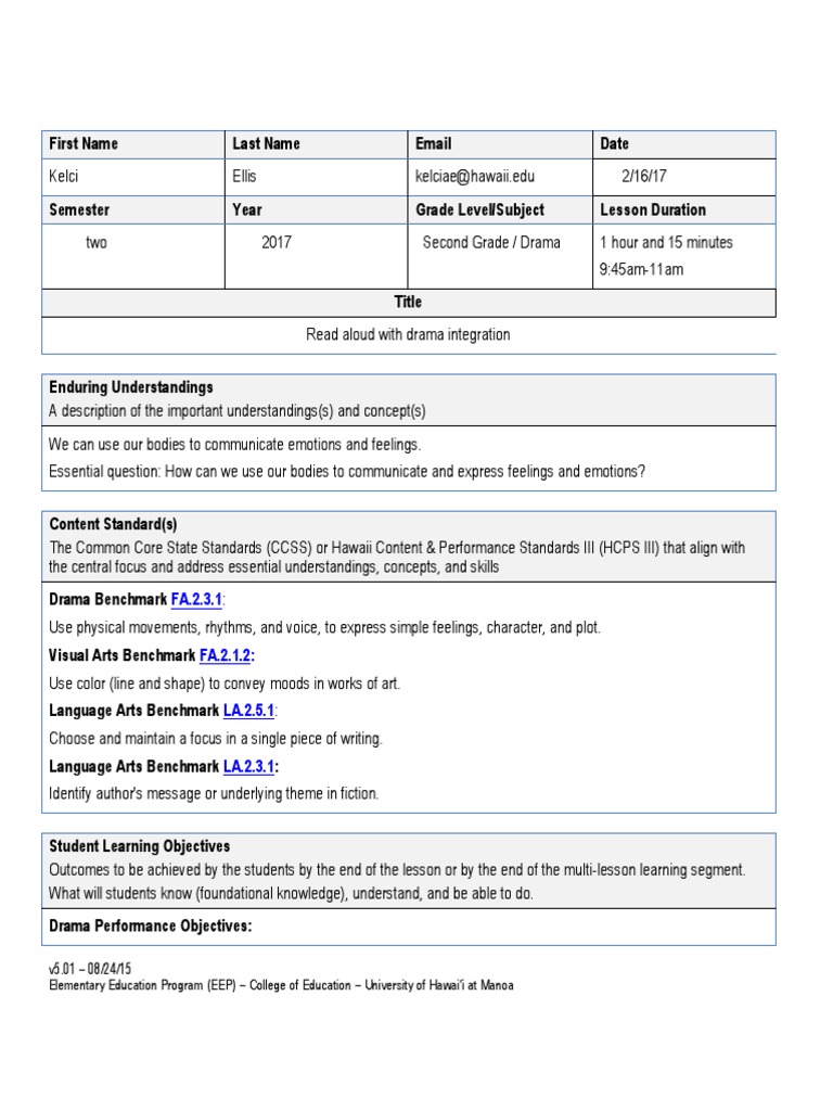 Drama Lesson Plan Kellis | PDF | Emotions | Lesson Plan