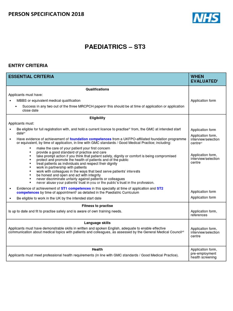 Person Specification 2018: Entry Criteria | PDF | Medicine | Health Care