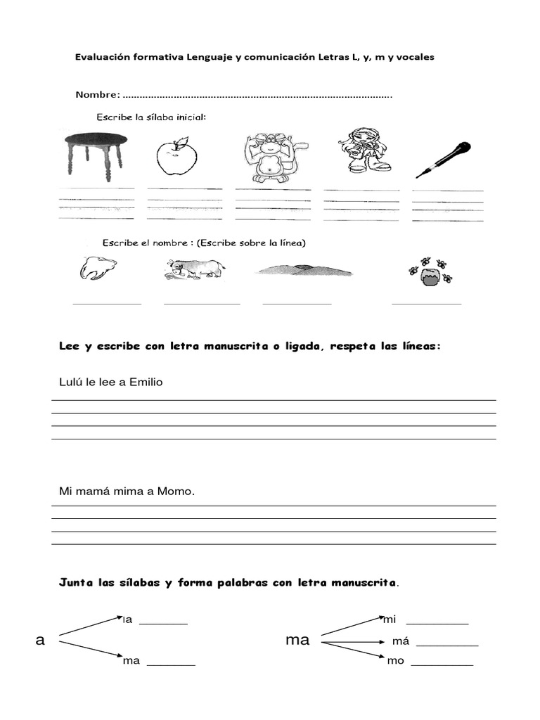 Evaluación Formativa Lenguaje Letras L, Y, M y Vocales | PDF