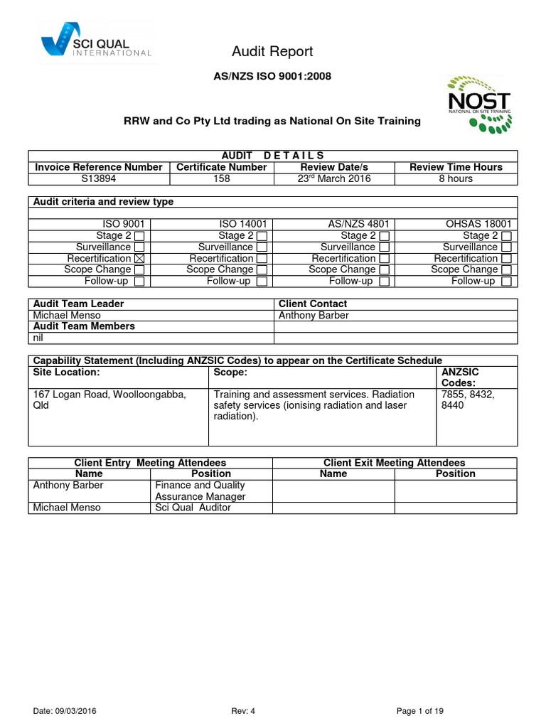 248318 2016 ISO 9001 External Audit Report | Audit | Iso 9000 | Free 30 ...