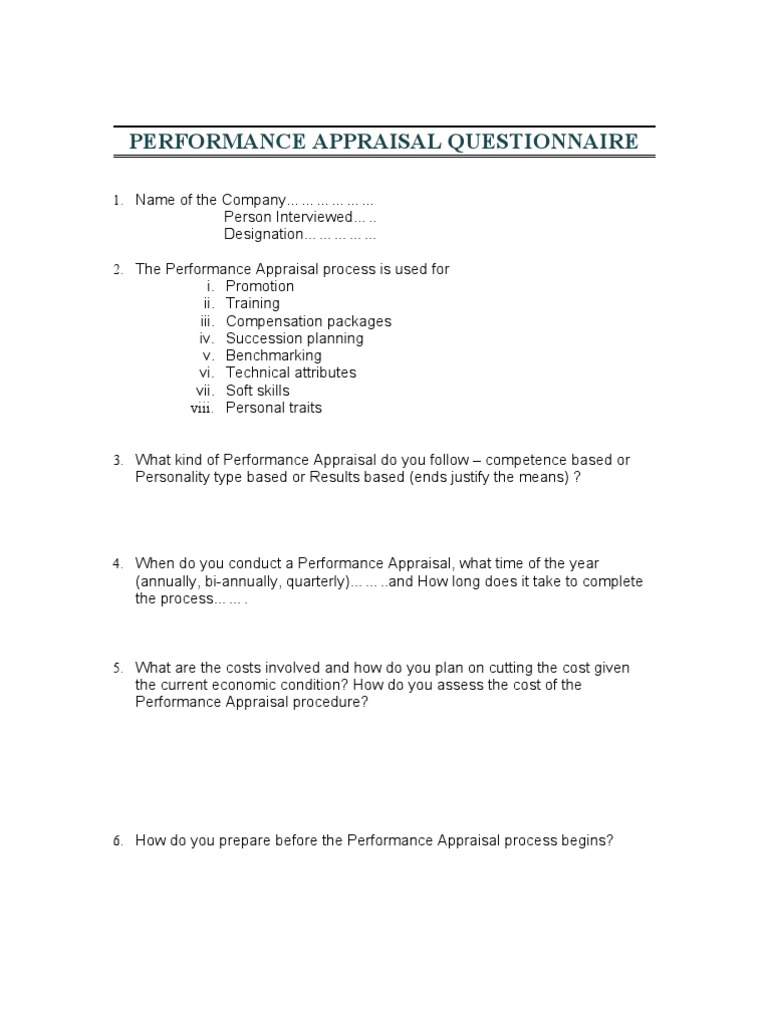 Performance Appraisal Questionnaire | PDF | Performance Appraisal ...