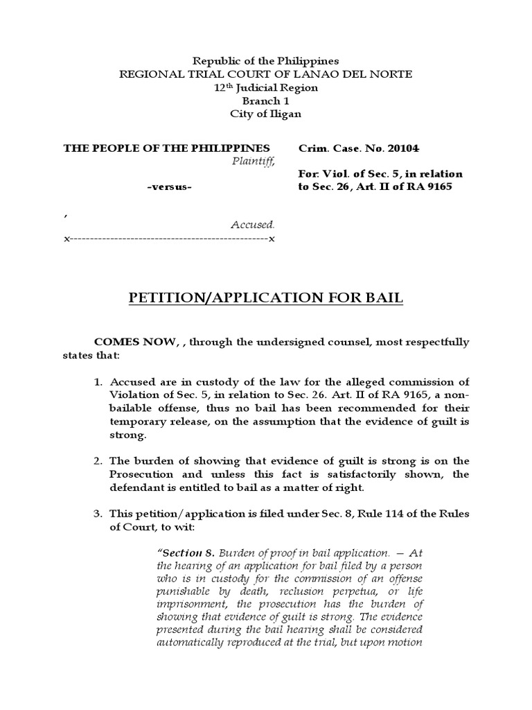 Application Petition For Bail Sample | PDF | Bail | Prosecutor
