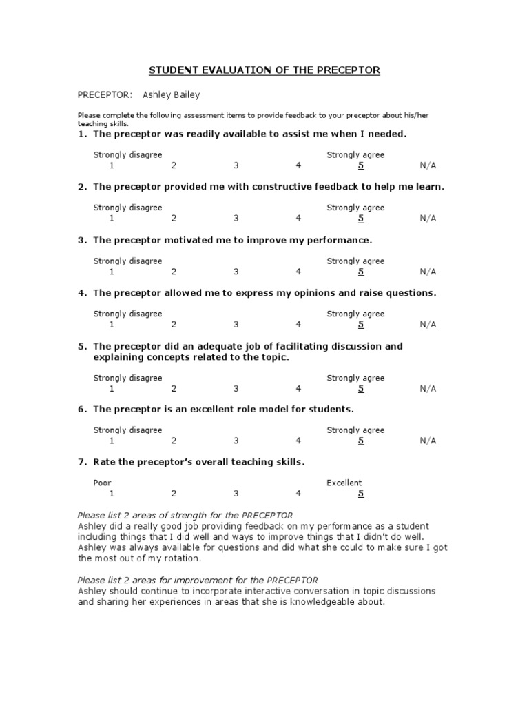 Student Evaluation of The Preceptor: Strongly Disagree Strongly Agree ...